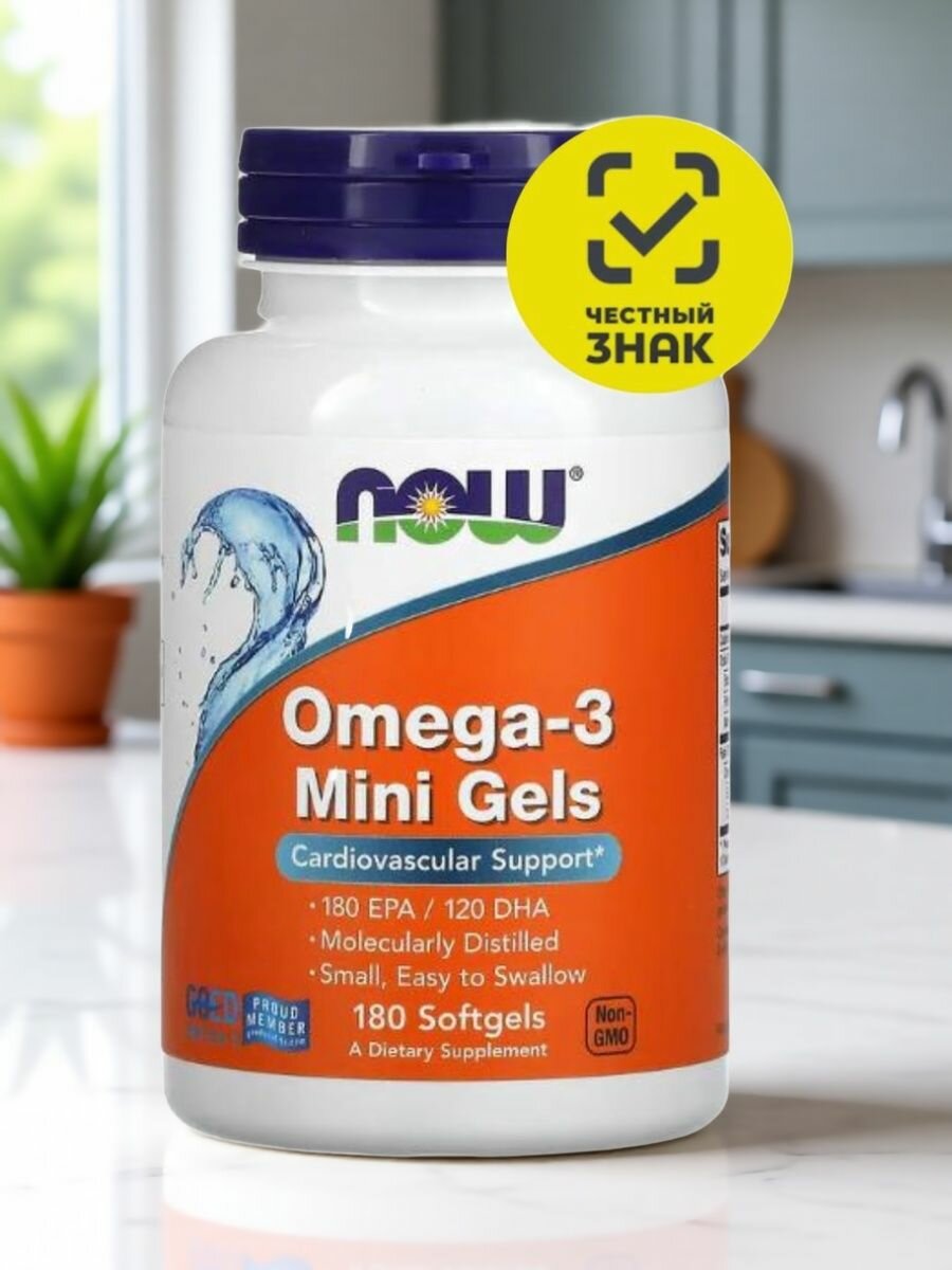 NOW Foods, жирные кислоты омега-3 в мини-капсулах, 180 ЭПК / 120 ДГК, 180 капсул Честный Знак