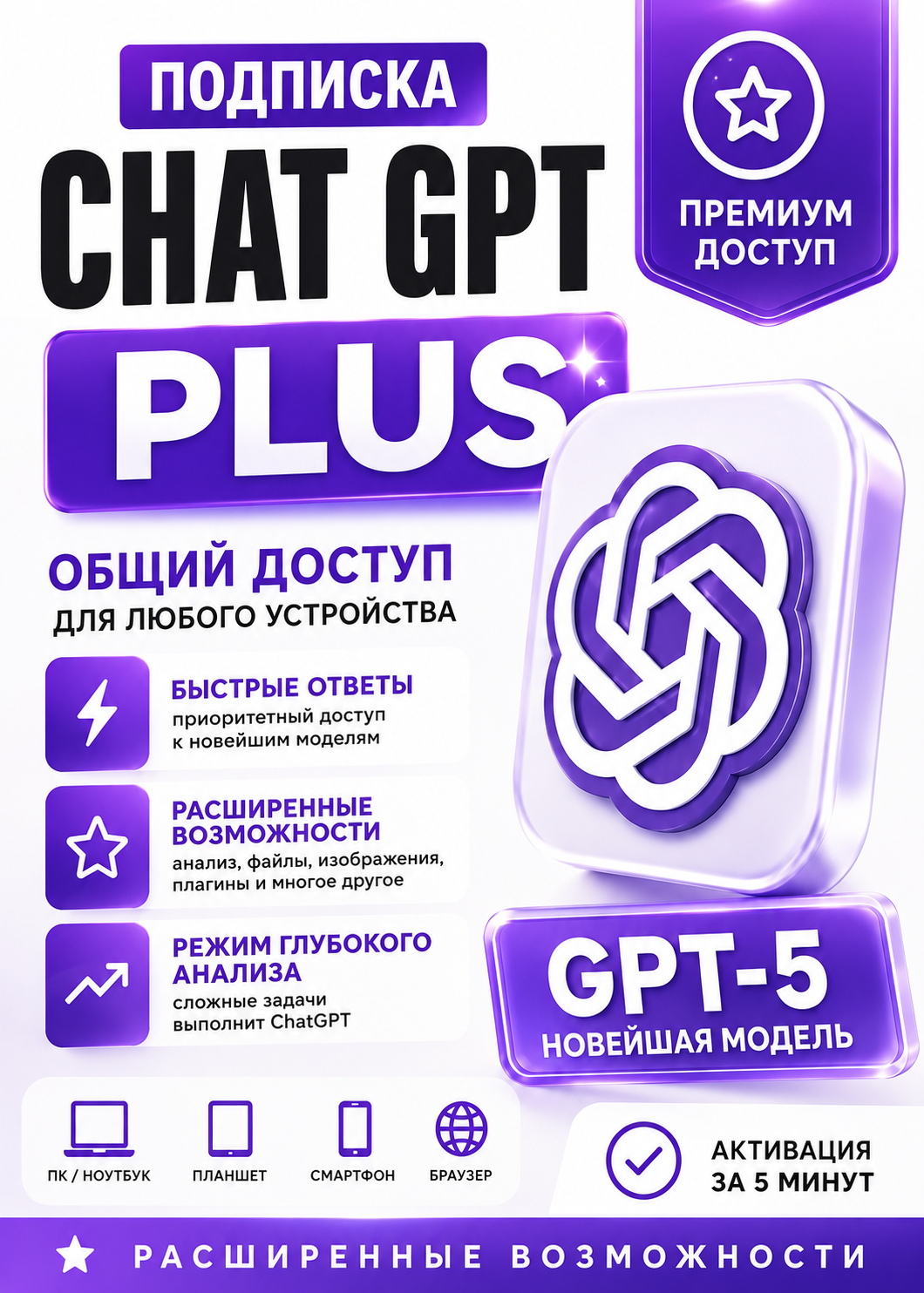 Подписка OpenAI Chat GPT Plus в приложение, MACOS/WINDOWS/IPHONE/ANDROID, доступ через общий аккаунт