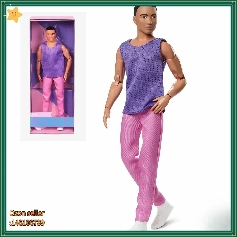 Кукла Barbie, фирменный стиль Barbie Looks Модель#17 2023, HJW84 Кен в фиолетовой рубашке и розовых брюках