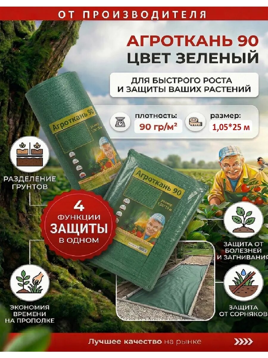 Агроткань (геоткань) 90, цвет: зеленый, размер: 1,05*25 м.