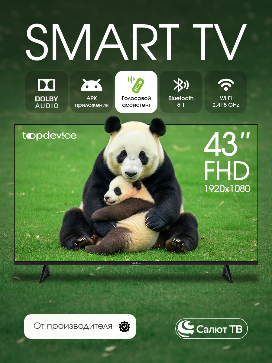 Телевизор 43 дюйма Topdevice, Full HD разрешение, ОС SBER, матрица VA, Wi-Fi, Bluetooth, черный (TDHTV43SFD_BK) уценка