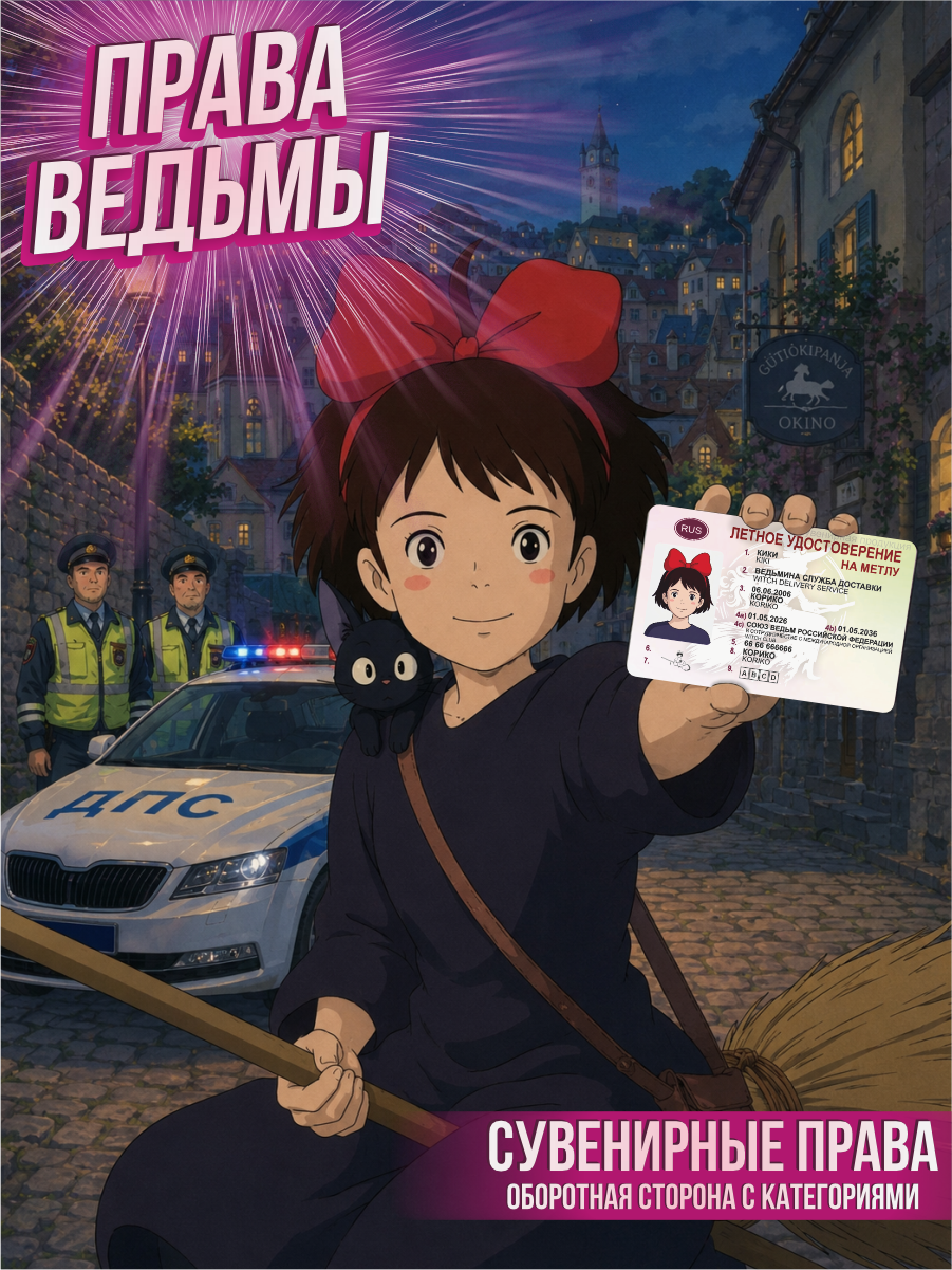Права ведьмы на метлу водительские шуточные прикол Кики