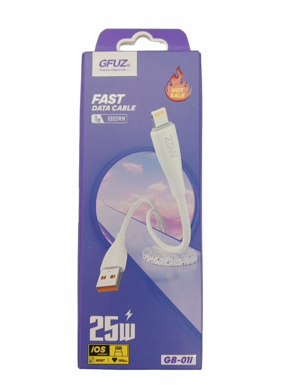 Кабель GFUZ, Lighting, iOS, 25W, белый, 100см