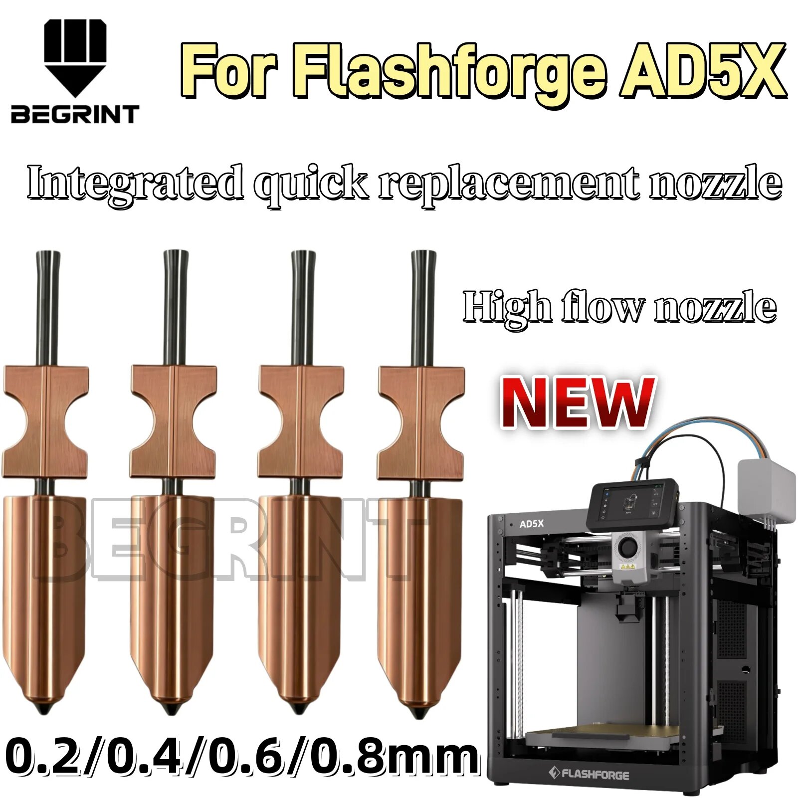 Комплект улучшенных биметаллических сопел из закаленной стали Flashforge AD5X 0.25/0.4/0.6/0.8 мм, высокотемпературные, износостойкие, для 3D-принтеров — фото 1