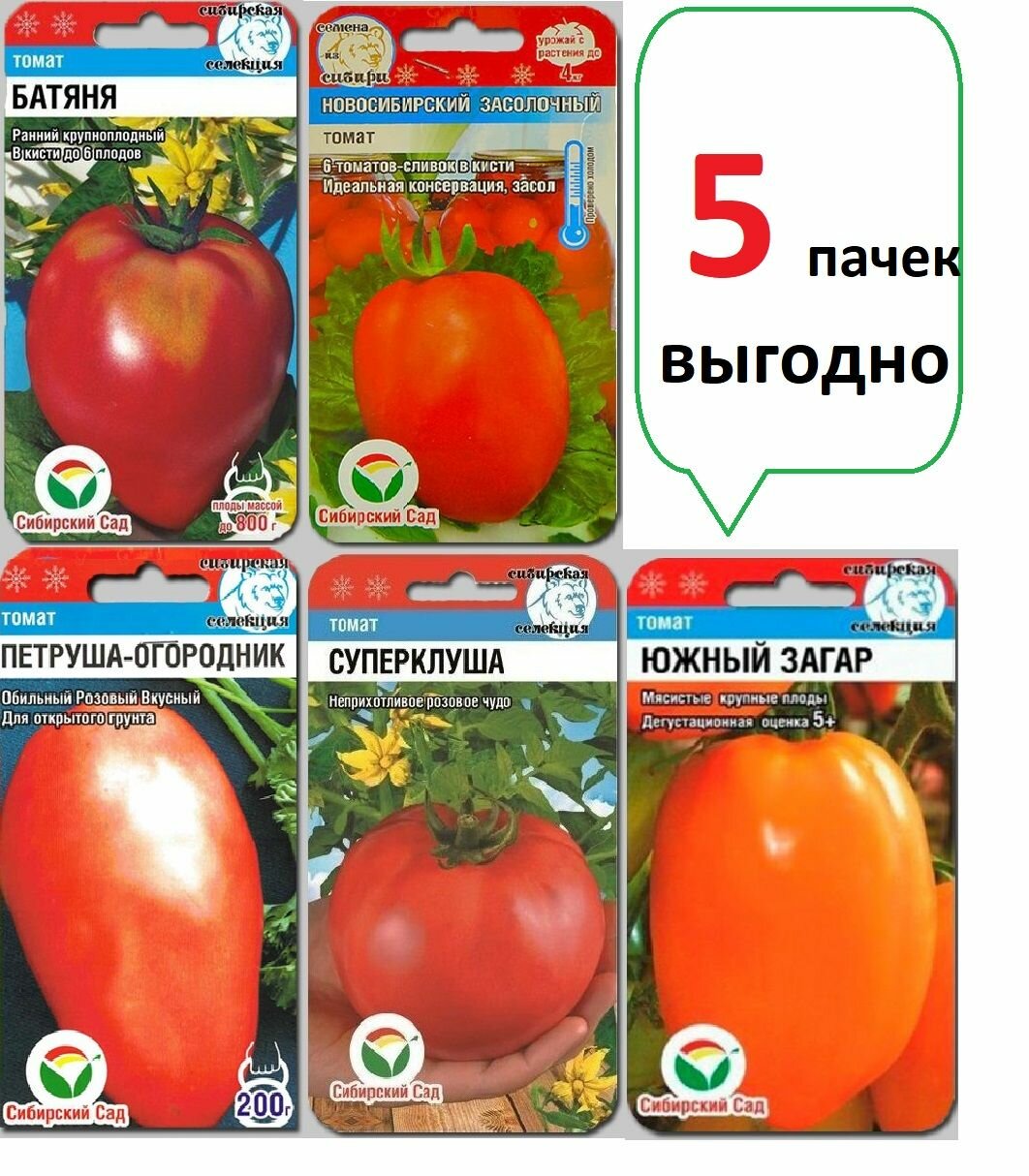 Набор №11 томатов Сибирской коллекции для теплицы и улицы : Петруша огородник, Новосибирский засолочный, Батяня, Южный загар, Суперклуша (5 упаковок -100 семян)