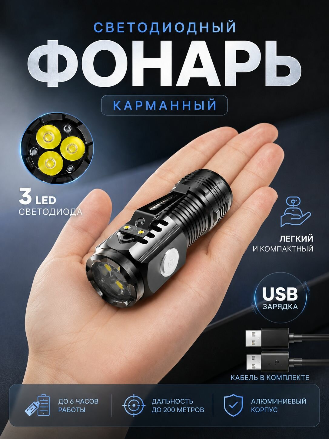 Фонарик аккумуляторный светодиодный - Мини карманный фонарик с зарядкой от сети USB Type C