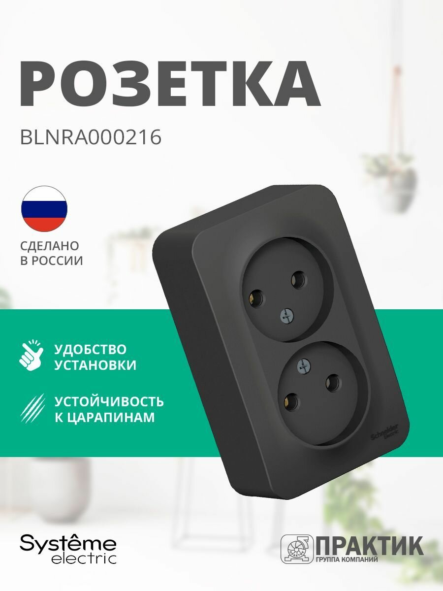Розетка двухместная накладная Blanca Systeme Electric без заземления без шторок для открытой проводки Антрацит BLNRA000216