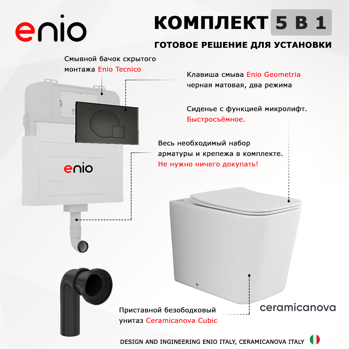 Комплект 3 в 1 смывной бачок скрытого монтажа Enio Tecnico + Унитаз приставной Ceramica Nova Cubic Rimless CN1809 с кнопкой черной Geometria EN8050817 + CN1809 + EN8050815