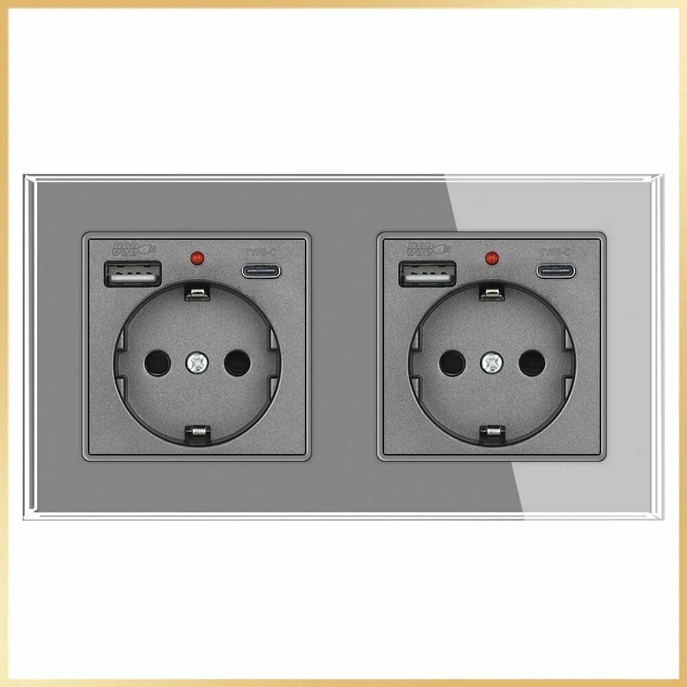 Розетка электрическая двойная с USB и type-C входами, в стандартный подрозетник, рамка закаленное стекло Серая