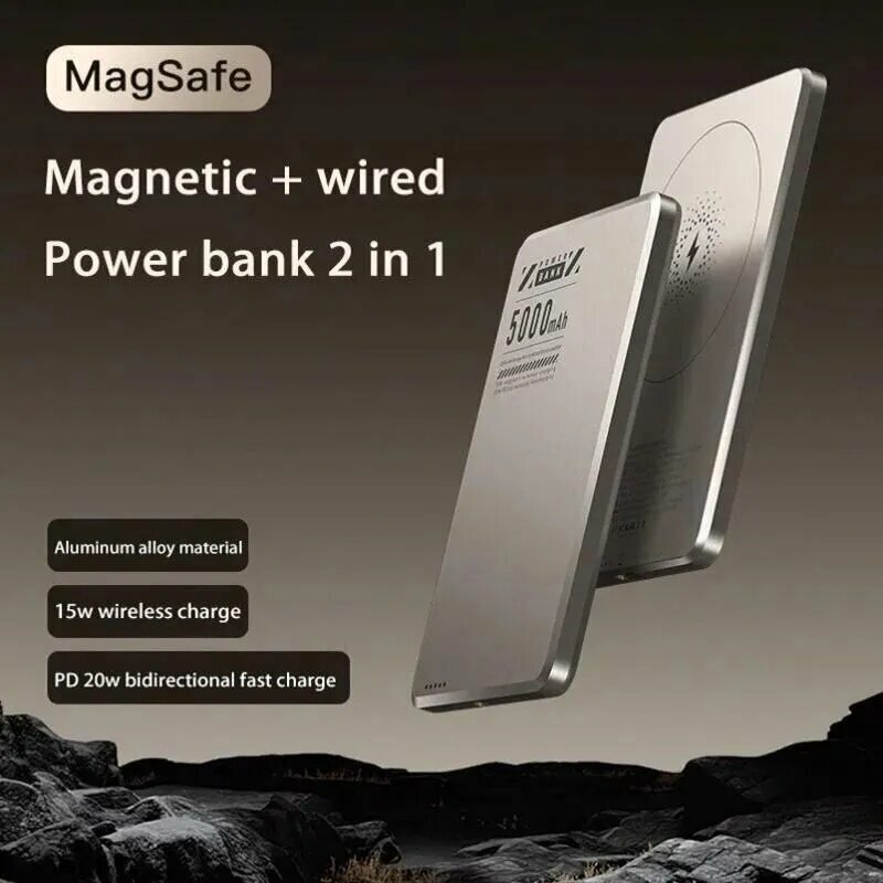 Сверхтонкий 5000 мАч Беспроводной мобильный источник питания Magsafe Быстрая зарядка Внешний аккумулятор большой емкости iPhone 17 /16 /15 / 14 / 13 / 12
