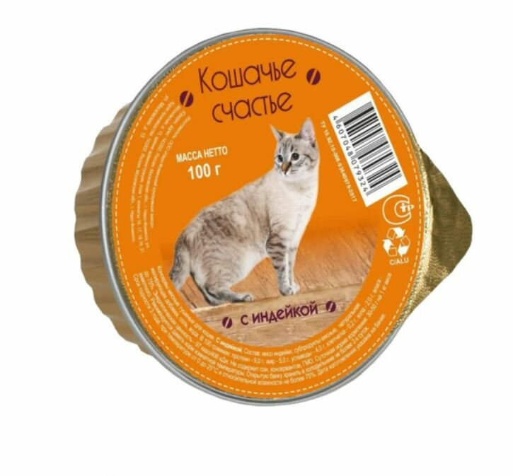 Кошачье Счастье Консервы для кошек Паштет с индейкой, 100 г