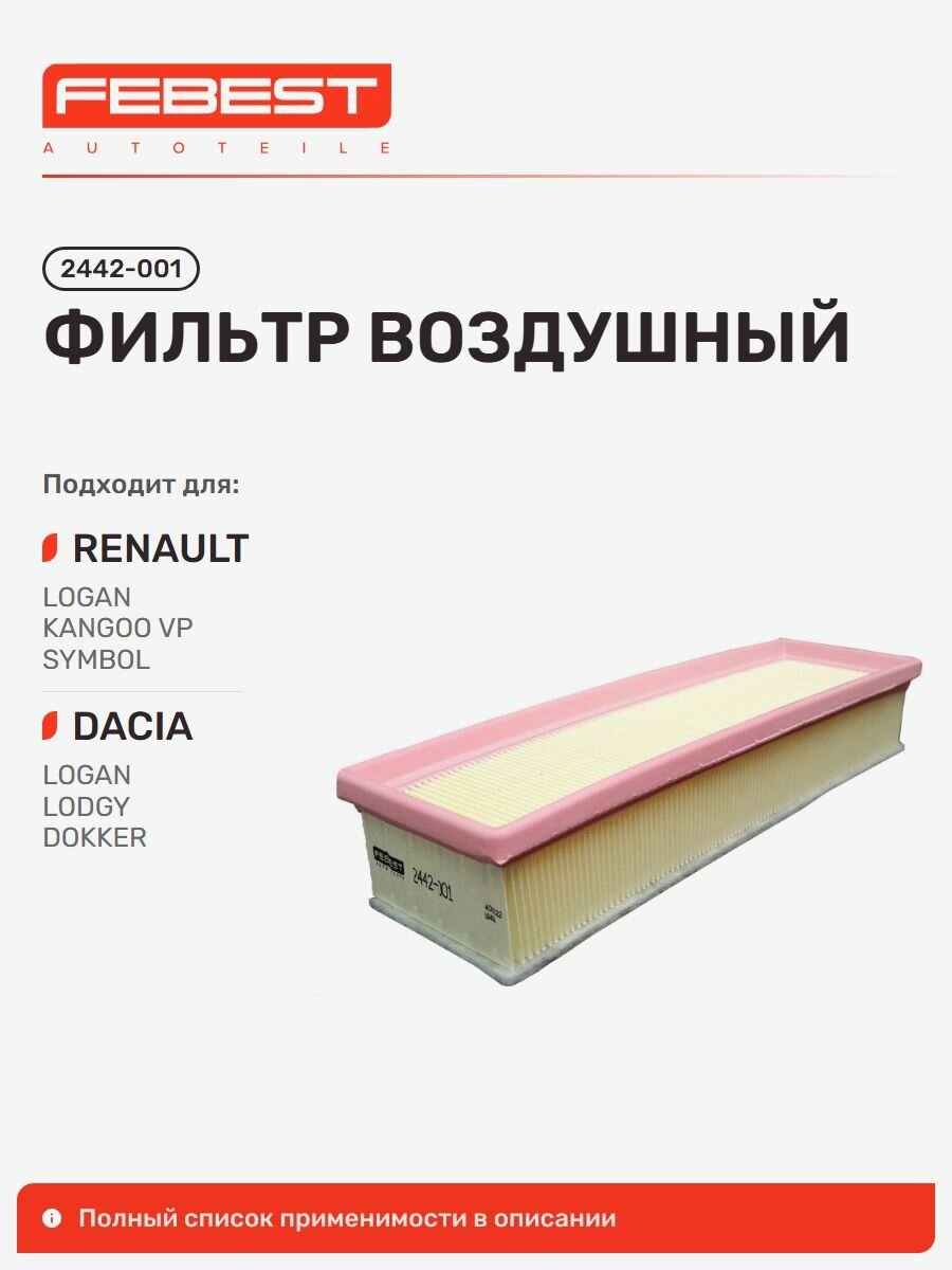 Фильтр воздушный Renault Рено Logan Sandero II Логан, Logan Sandero, Kangoo Кангу, Symbol-Thalia, Dokker, Lodgy, LADA Лада Largus 2442-001 FEBEST