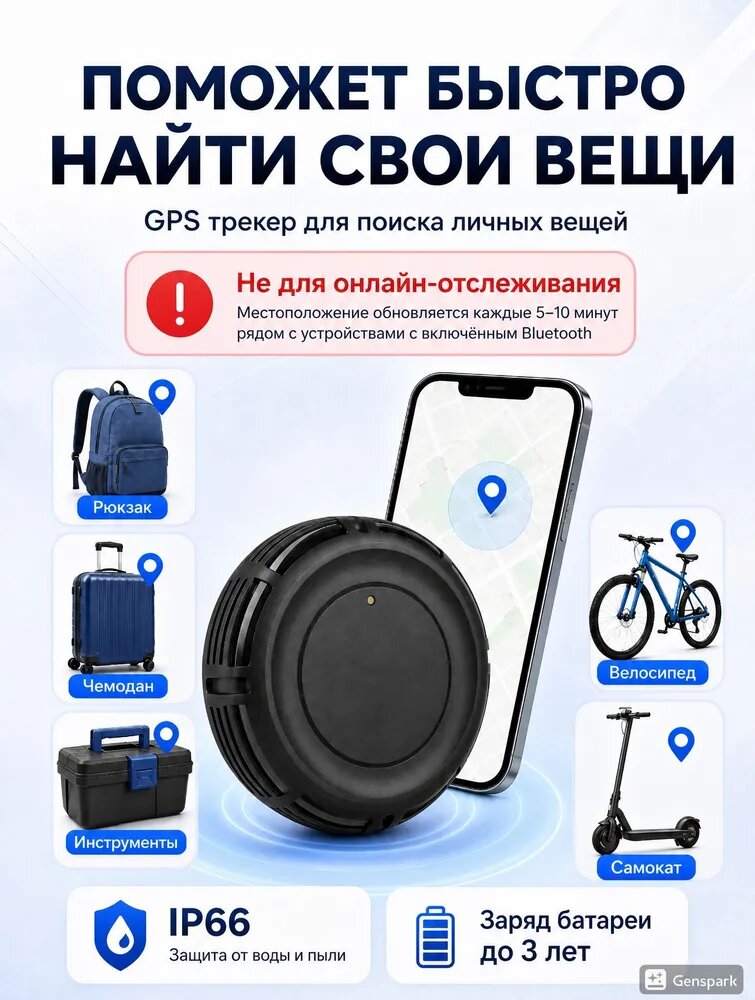 GPS трекер для поиска вещей Bluetooth, IP66, до 3 лет работы
