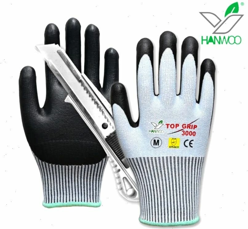 Перчатки устойчивы к порезам Level 4 Hanwoo Top Grip 3000, класс защиты от порезов ANSI: A4, защитные нейлоновы еэластичные перчатки со вспененным нитриловым покрытием. Размер S/7