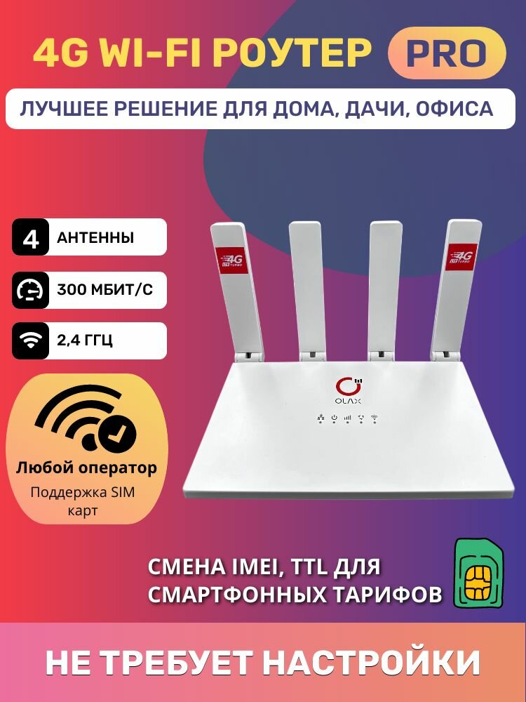 Роутер 4G, WI-FI, Olax MC50 PRO. Поддержка сим карт всех операторов. Прошитый IMEI, TTL