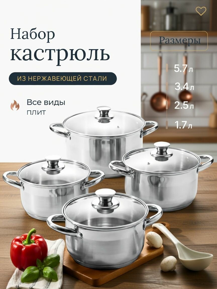 Набор Кастрюль С Крышкой И Толстым Дном. Для Кухни и Готовки. Маленьких, Больших Из Нержавеющей Стали Для Газовых, Электрических, Индукционных Плит. 4шт