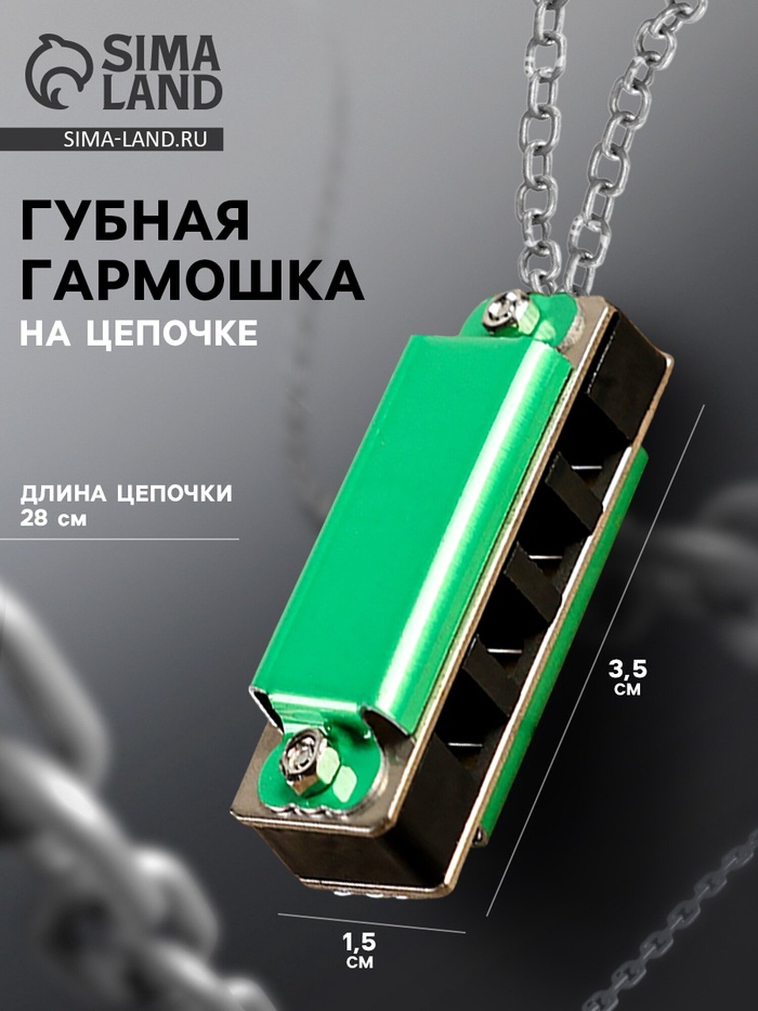Губная гармошка Music Life 4 отверстия, 8 тонов, 3,5х1,5х1см, цепь 28см, зеленая
