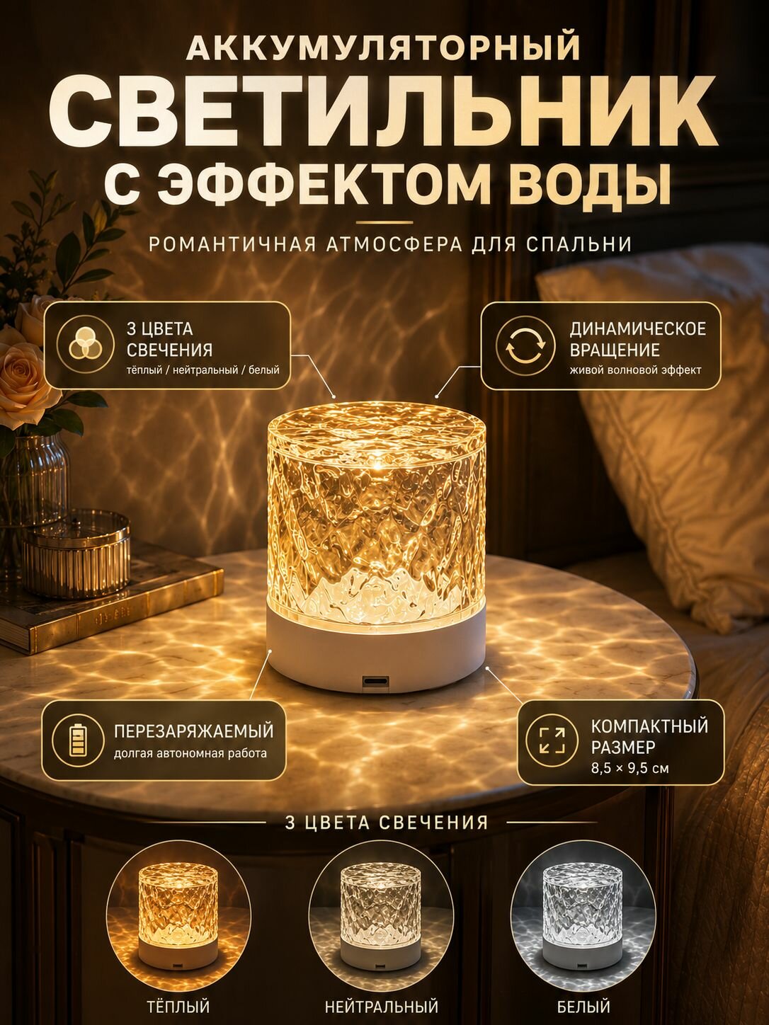 Аккумуляторный светильник‑проектор «Водная рябь», 3 цвета света, вращающийся эффект, ночник для спальни