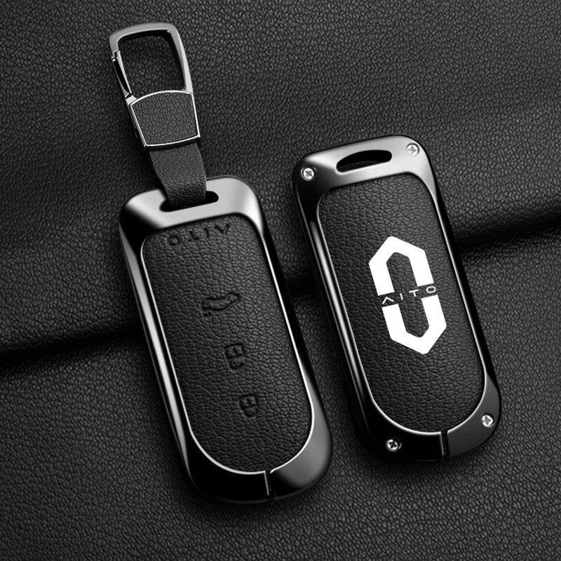 Кожаный чехол для ключей AITO M9/M5/M7 с рисунком козьей кожи, черный, с креплением B01, премиум-материал