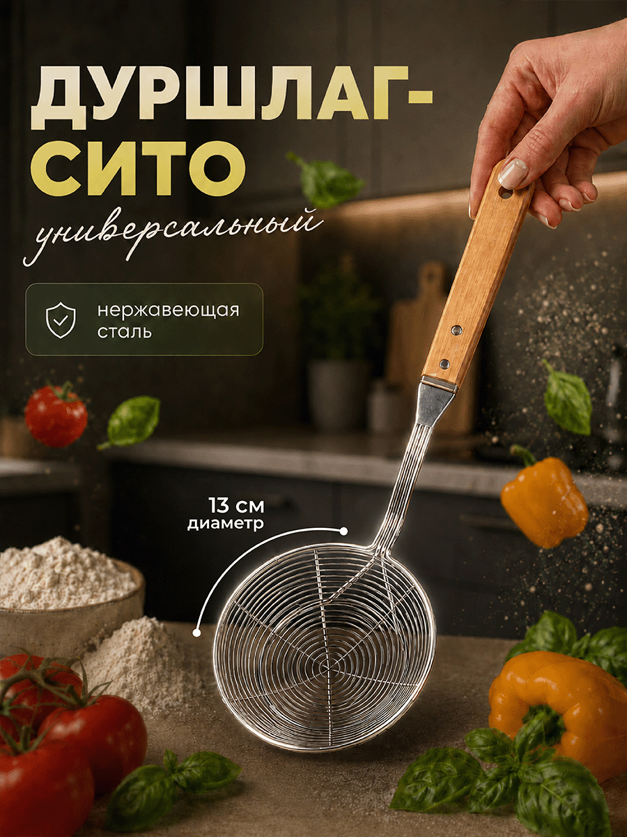 Дуршлаг-сито с деревянной ручкой 39см, диаметр 13см, глубина 4,5см
