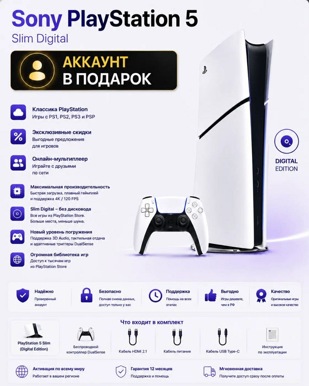 Игровая приставка Sony PlayStation 5 PS5 Slim Digital, 825gb, без дисковода, original