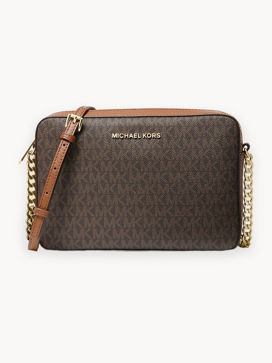 Сумка кросс-боди Сумка женская прямоугольная с логотипом коричневая золотая фурнитура без цепи Michael Kors Outlet Jet Set Item Brown Gold No chain 35F8GTTC3B
