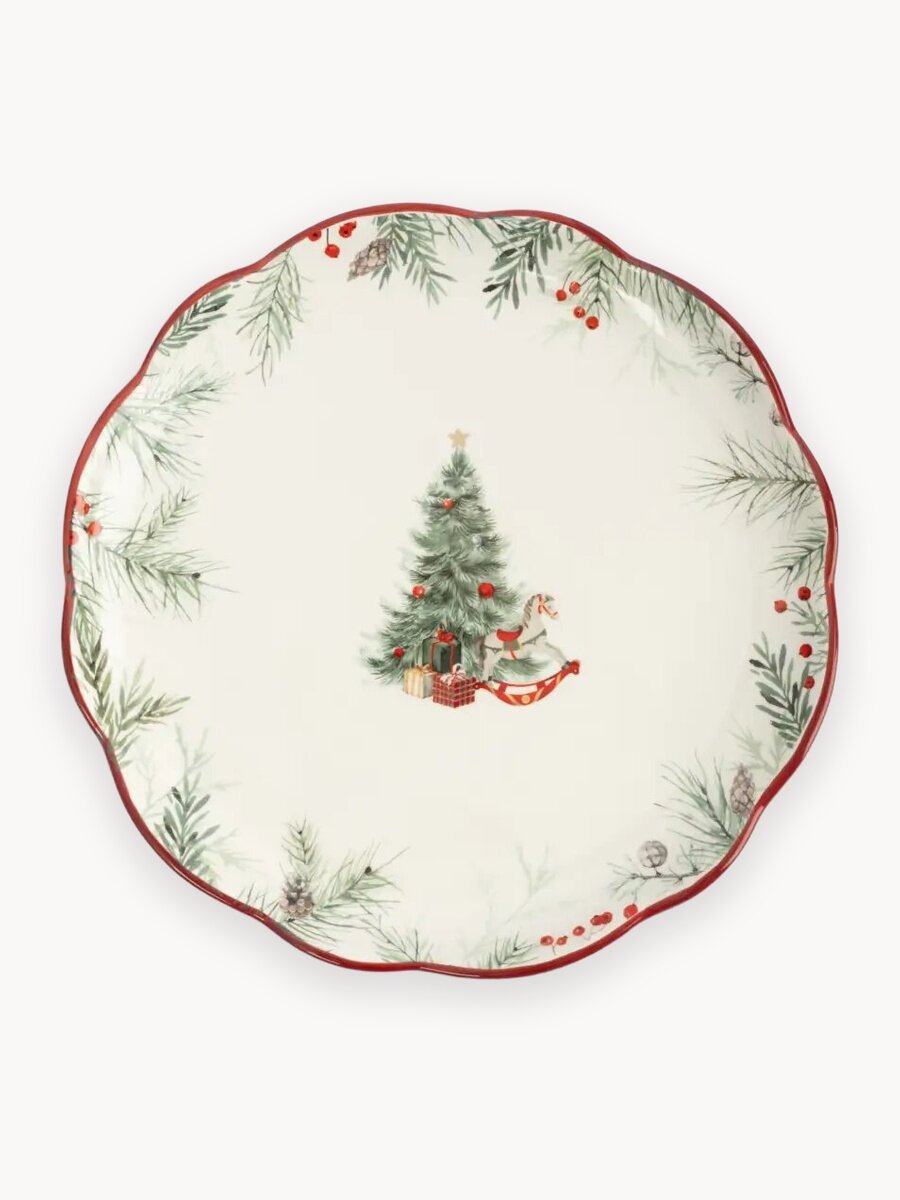 Тарелка обеденная, 24 см, керамика D, красная, Лошадка у елки, Festival