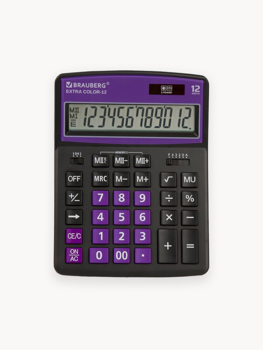 Калькулятор настольный BRAUBERG EXTRA COLOR-12-BKPR (206x155 мм), 12 разрядов, двойное питание, черно-фиолетовый, 250480
