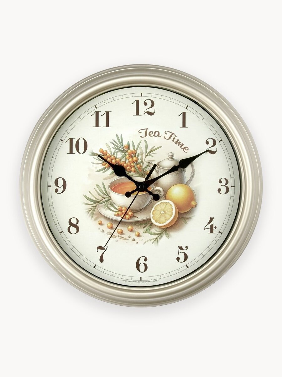 Часы настенные кухонные большие бесшумные TROYKATIME "Чаепитие", кварцевые, круглые, пластик 31 см