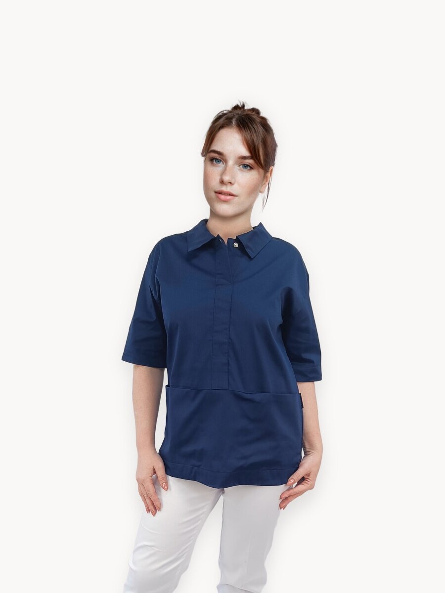 Блузка медицинская вилан, женская, стрейч-эффект, синяя