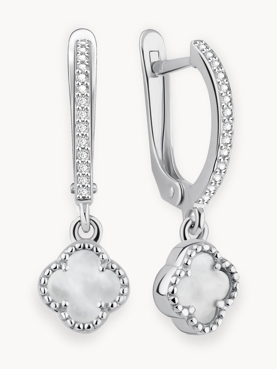 Серьги, серебро, 925 проба, родирование, фианит, перламутр