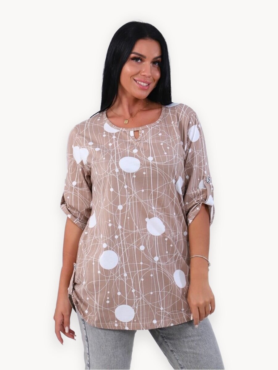 Блуза 554/бежевый/белый/кружки