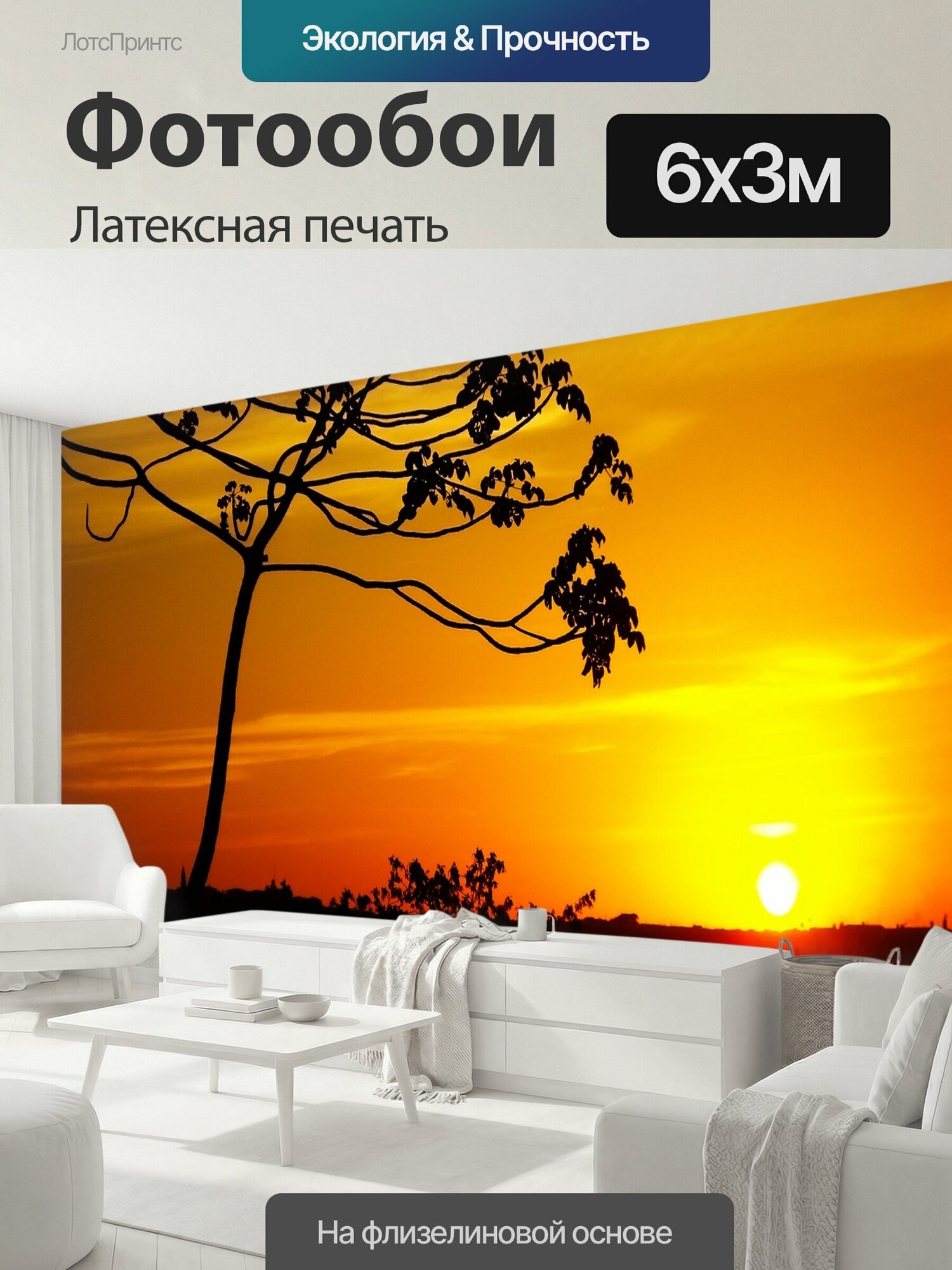 Фотообои моющиеся ударопрочные "Горизонт, закат, пейзаж" 600x300 см. латексная печать