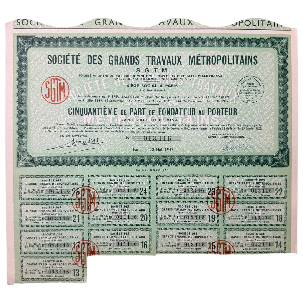 Франция, Societe des Grands Travaux Metropolitains, сертификат на 1 долю учредителя 1947 г.
