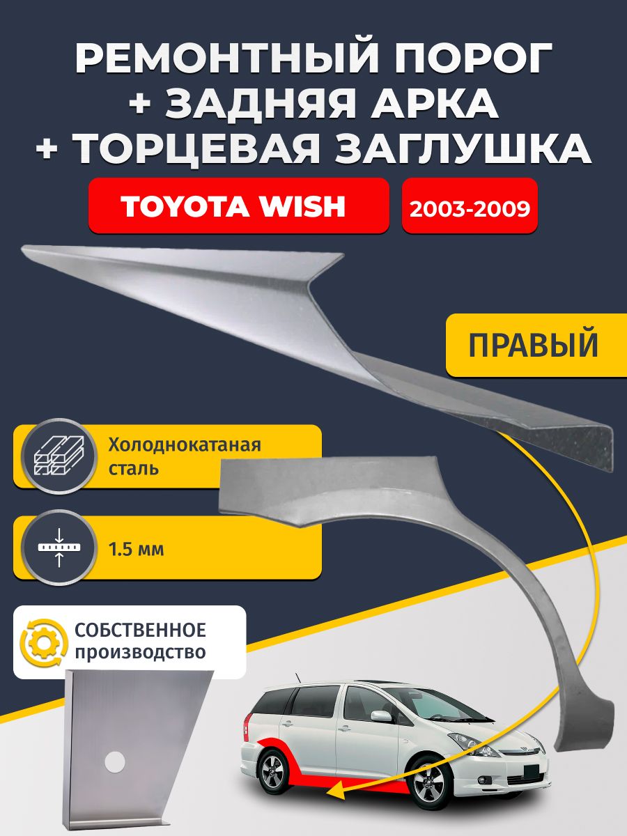 Правая задняя ремонтная арка (0,8 мм) и правый стандартный ремонтный порог (1,5 мм) + торцевая заглушка (1,5 мм) на Toyota Wish 2003-2009 минивэн (Тойота Виш 1). Холоднокатаная сталь