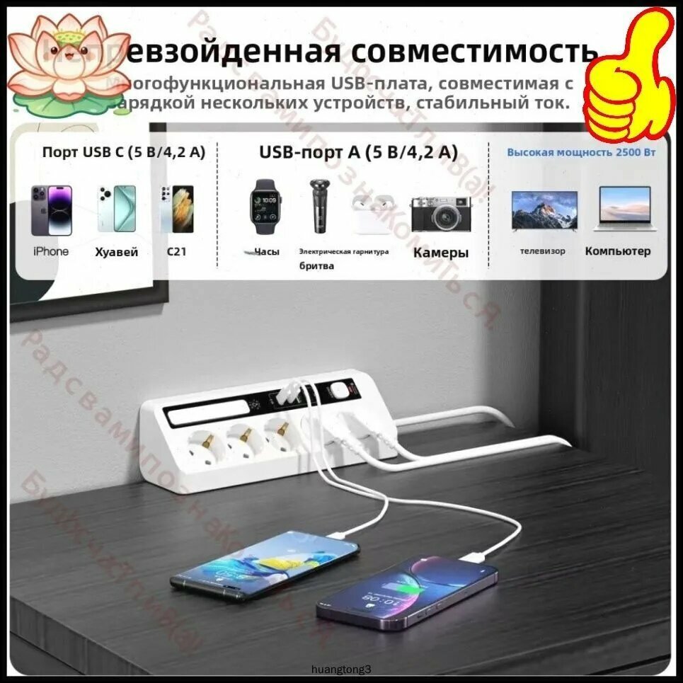 Эксклюзивный угловой сетевой тройник для рабочего стола с европейской вилкой, оснащенный бестселлер ночником в трех цветах, сенсорным управлением, USBпортами и защитой от перегрузки