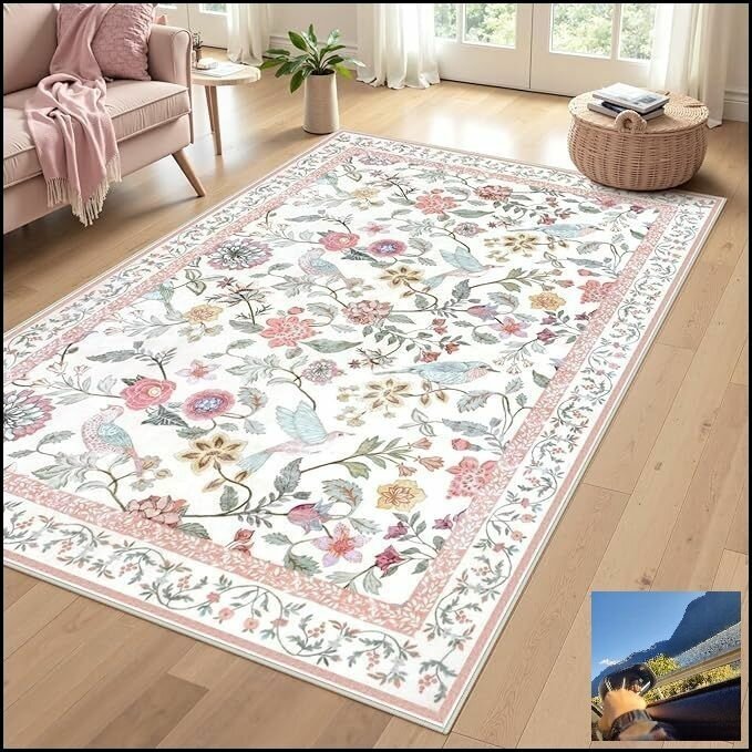 Эксклюзивный коротковорсный ковер 200x300 см с цветами и птицами для гостиной или спальни