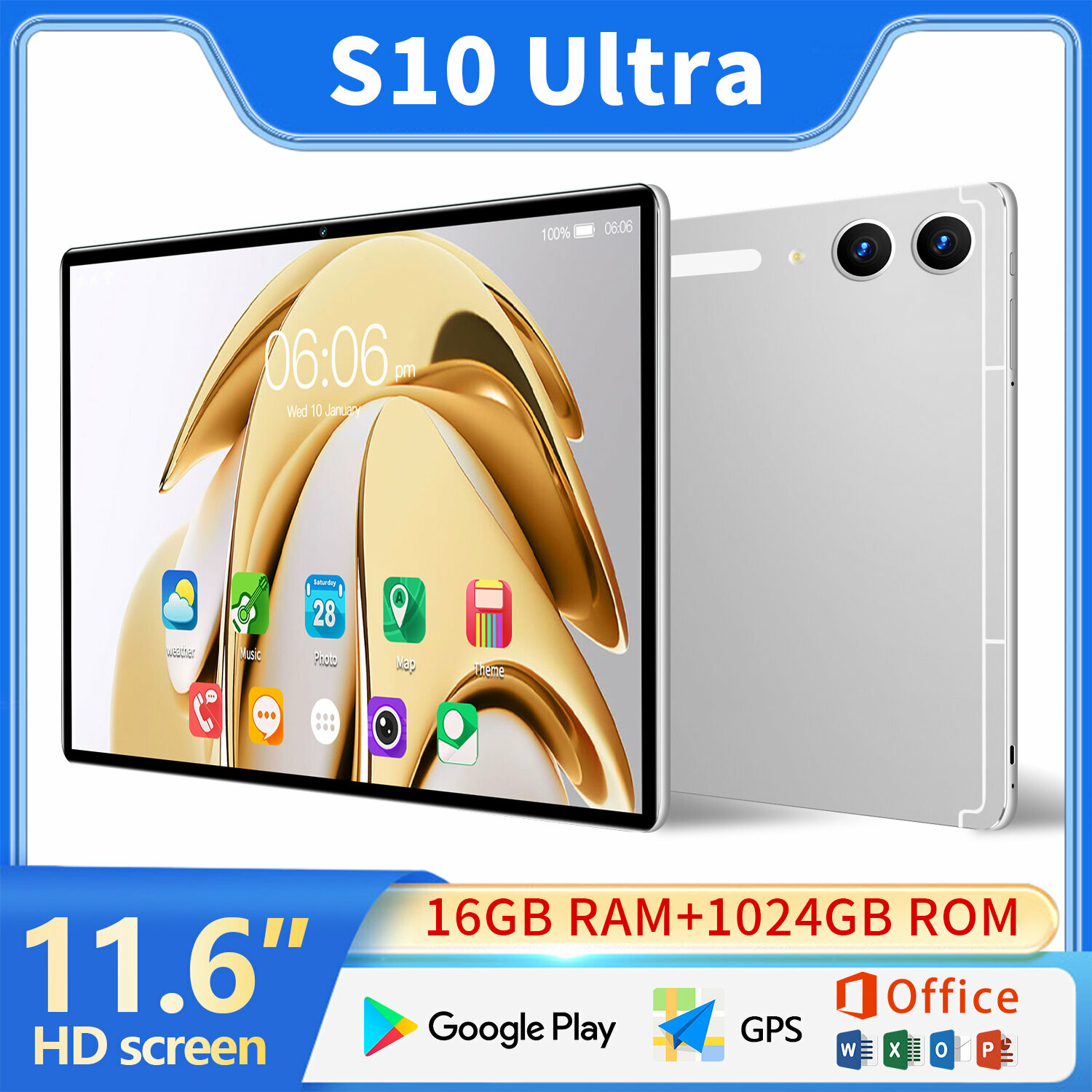 Игровой планшет VOVE S10 Ultra, Helio G99, 16ГБ, 1024ГБ, 90Гц, SIM-карта, 5G，Серебряный