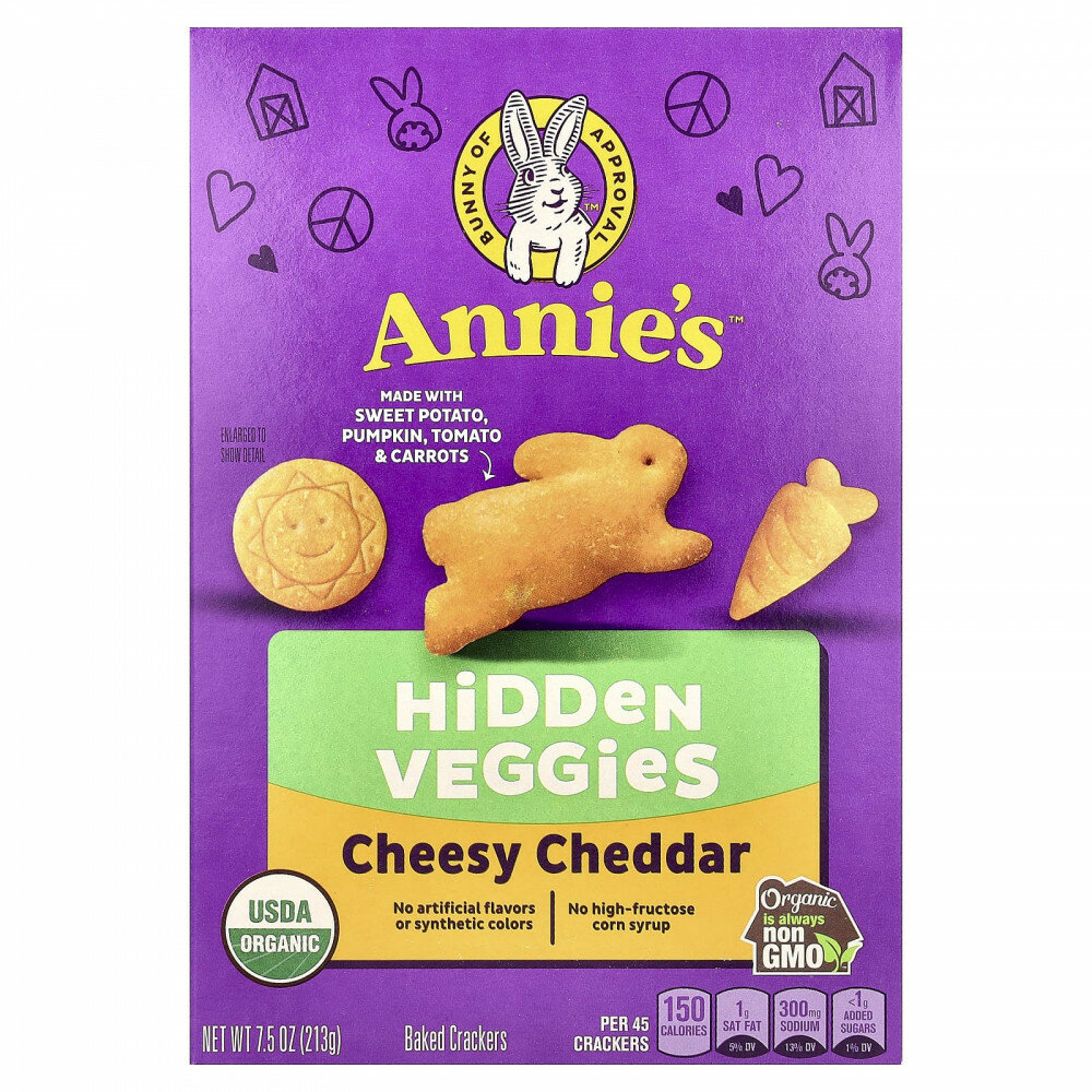 Annie's Homegrown, запеченные крекеры с чеддером, спрятанные овощи, 213 г (7,5 унции)