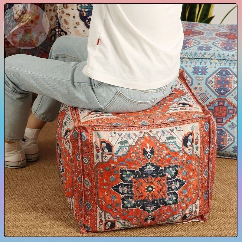 Квадратный табурет в марокканском стиле, 1 шт. для гостиной, 45x45x45 см, бежевый, с мягким сиденьем, экологичный наполнитель — фото 1