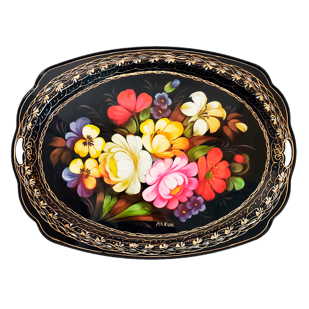 Поднос металлический, овальный "Эффектные пионы", жостово 40 см, (Ручная роспись)