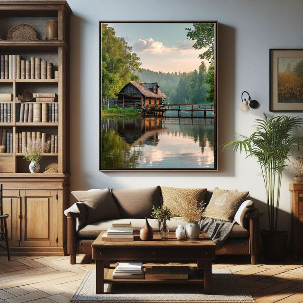 Картина на стену для интерьера Дом у озера 40х50 см, холст на подрамнике, ArtInter