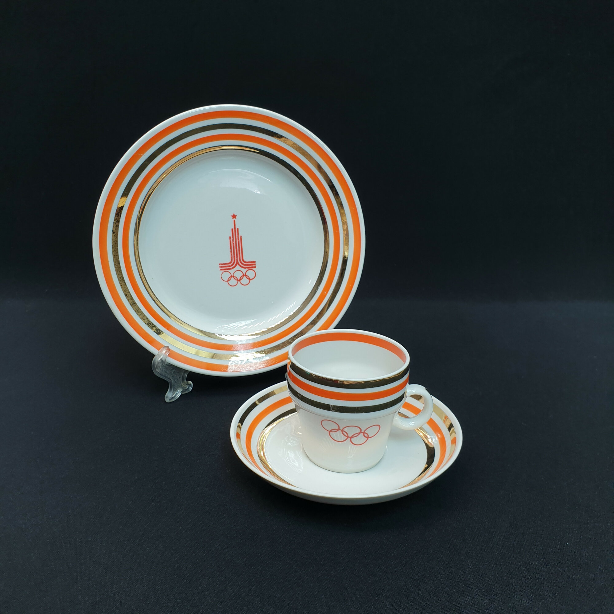 Винтажная кофейное трио (пара и тарелка) Олимпиада-80 Вербилки, фарфор 120 мл, СССР
