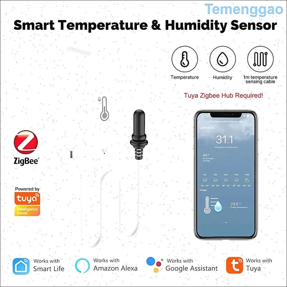 Умный датчик температуры и влажности Zigbee Tuya, с проводным датчиком