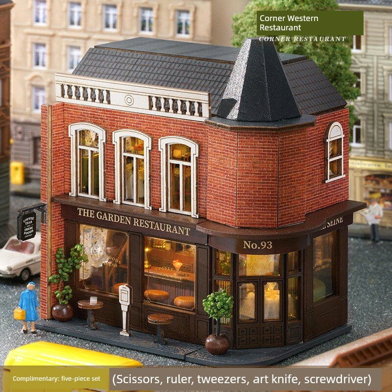 Набор для сборки миниатюрной диорамы Corner Cafe с LED-подсветкой, инструментами и клеем