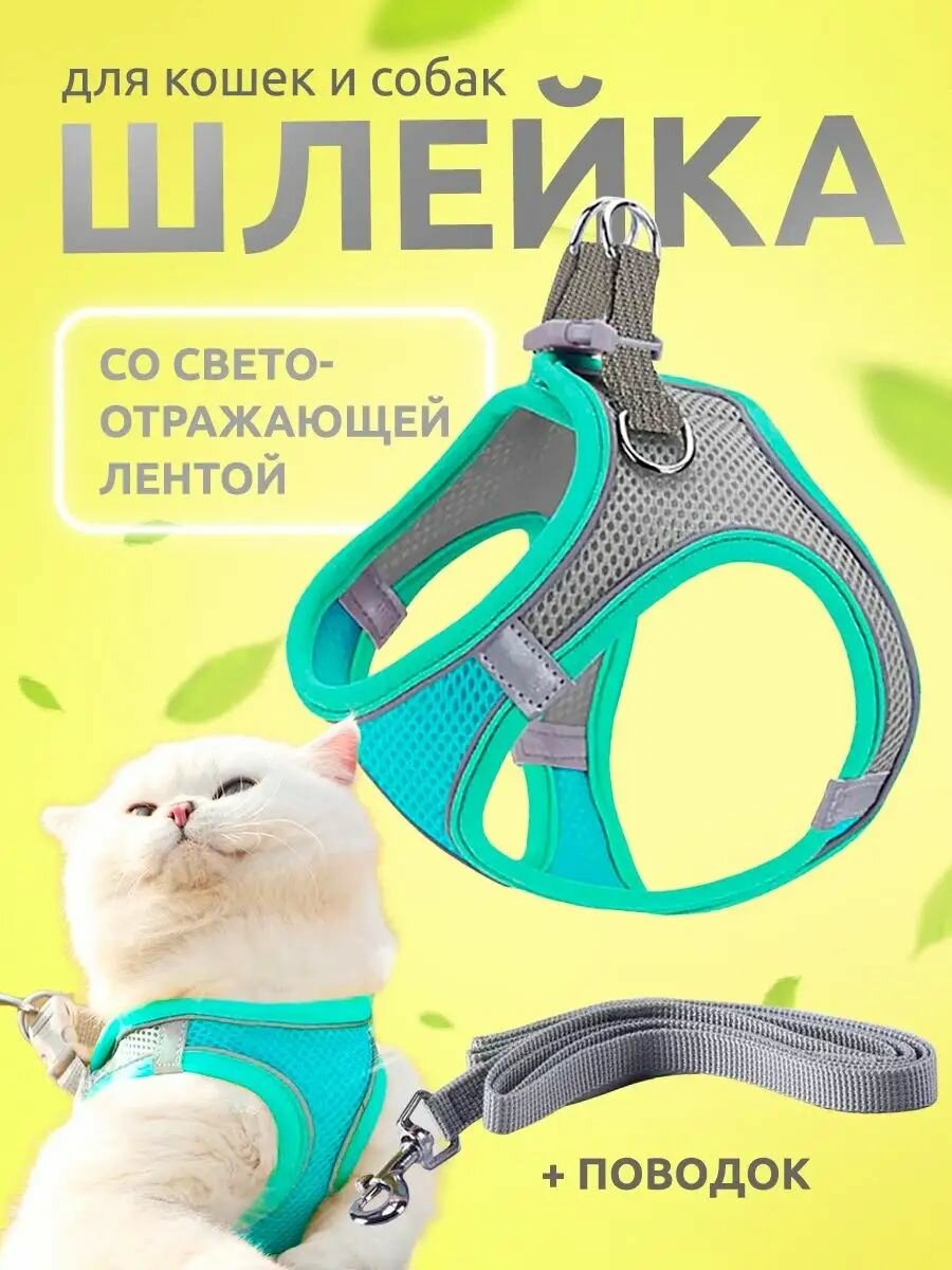Шлейка прогулочная с поводком для кошек и мелких собак, деним, светоотражатели,