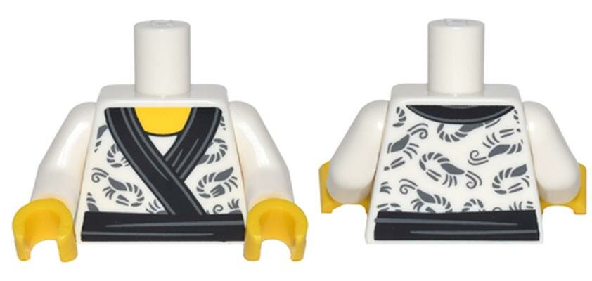 Деталь Lego 973pb2801c01 Torso Kimono with Dark Bluish Gray Shrimp and Black Sash Pattern / White Arms / Yellow Hands