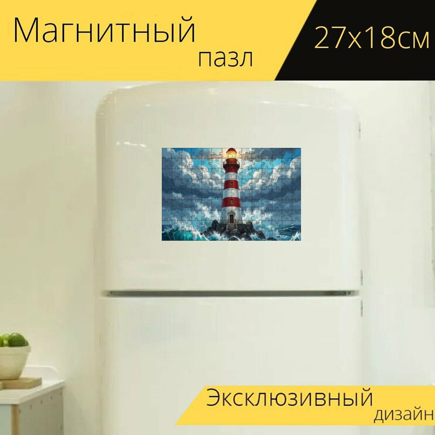 Магнитный пазл "Красно-белый маяк в шторм. Морская башня на скалах среди бурных волн и драматичных облаков, живописная иллюстрация в синих, бирюзовых и." на холодильник 27 x 18 см.