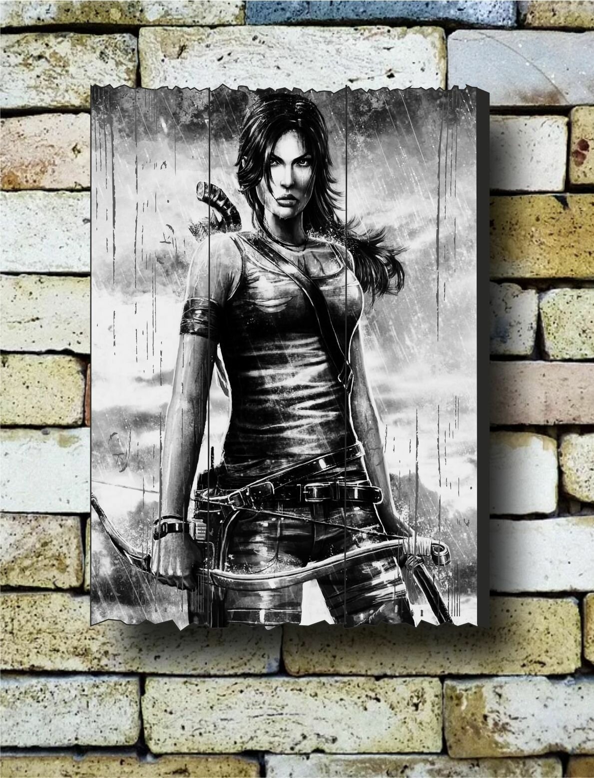 Картина на досках. Tomb Raider. Лара Крофт. Черно-белый арт.