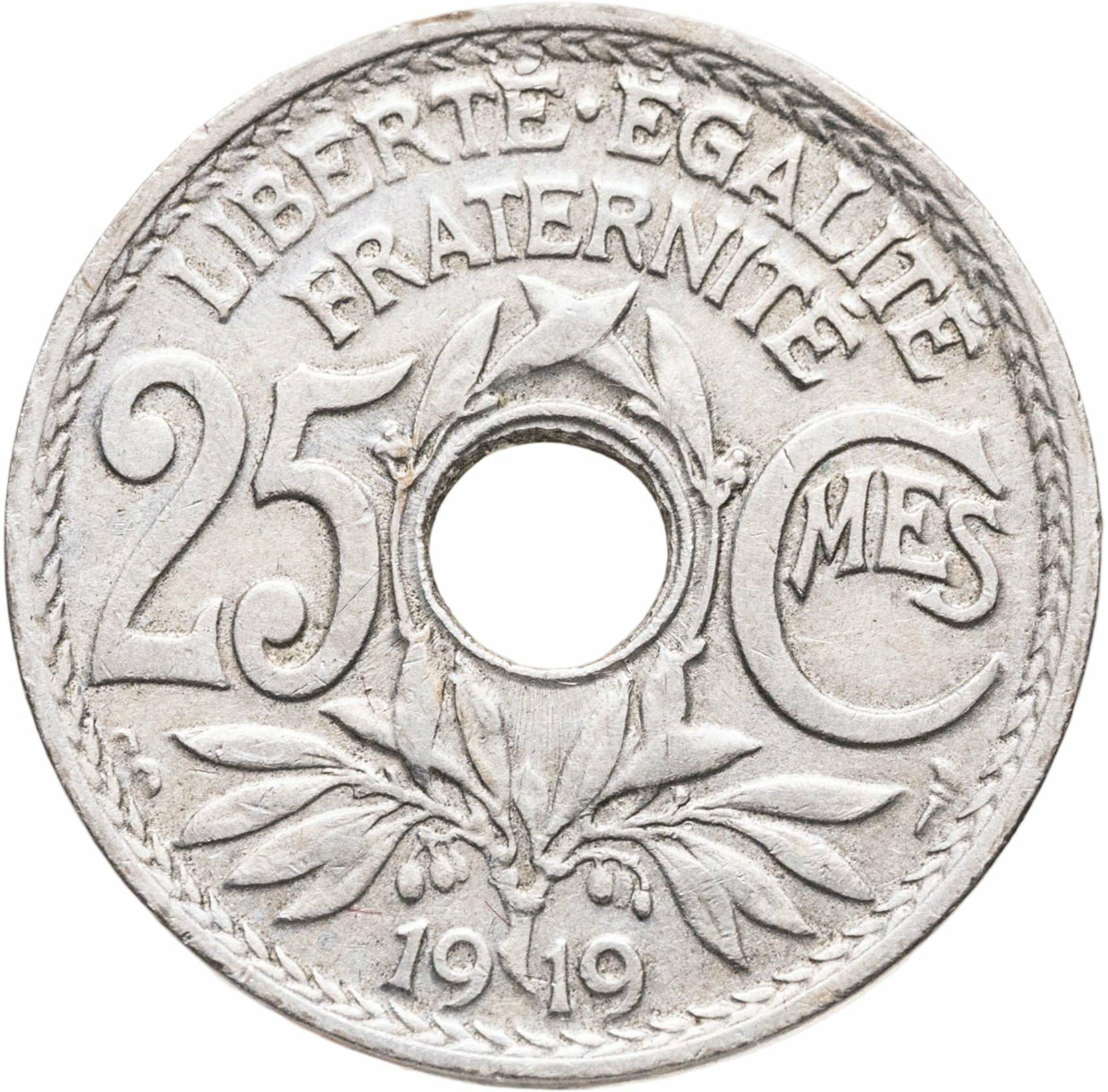Франция 25 сантимов centimes 1919, Мельхиор медь-никель, в сохранности VF